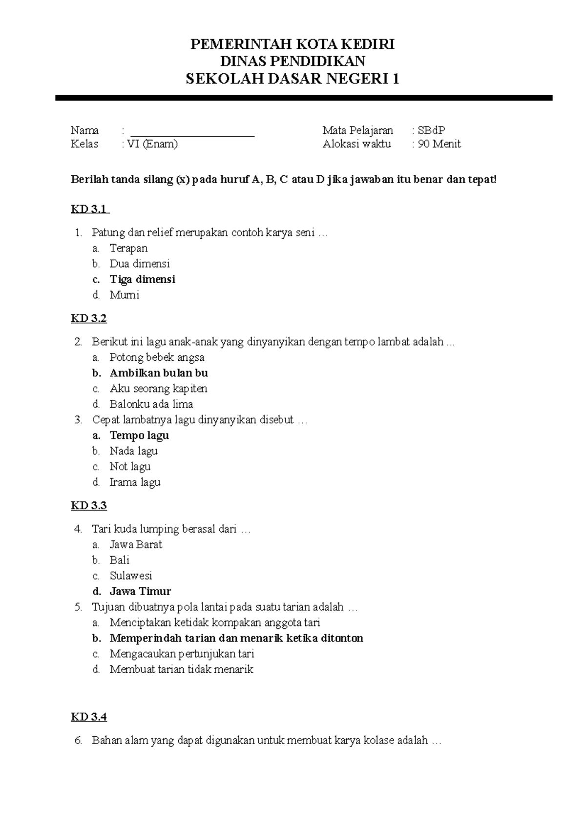 SOAL US SBDP - soal ujian sekolah - DINAS PENDIDIKAN SEKOLAH DASAR ...
