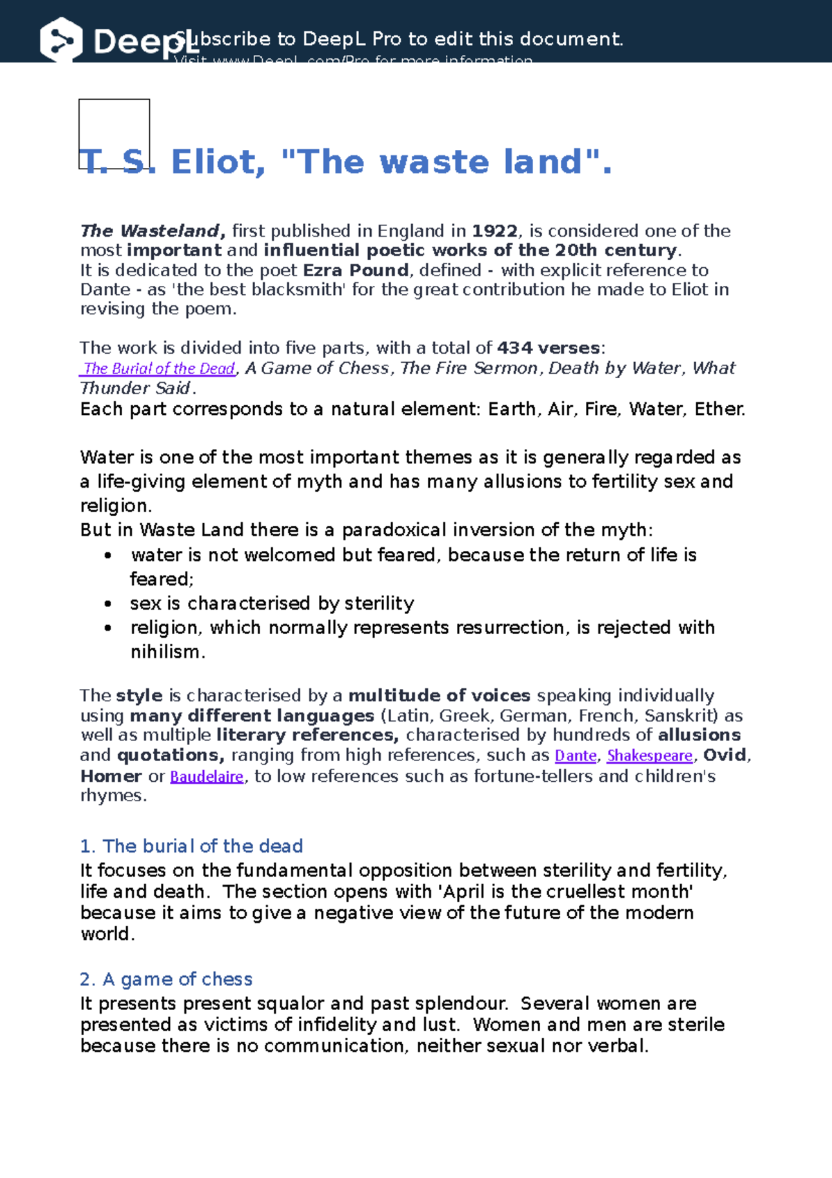 Eliot, the waste land-lingua inglese - T. S. Eliot, "The waste land ...