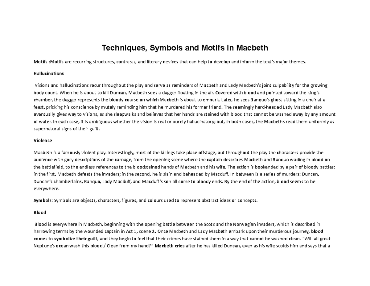 Macbeth notess - Techniques, Symbols and Motifs in Macbeth Motifs ...