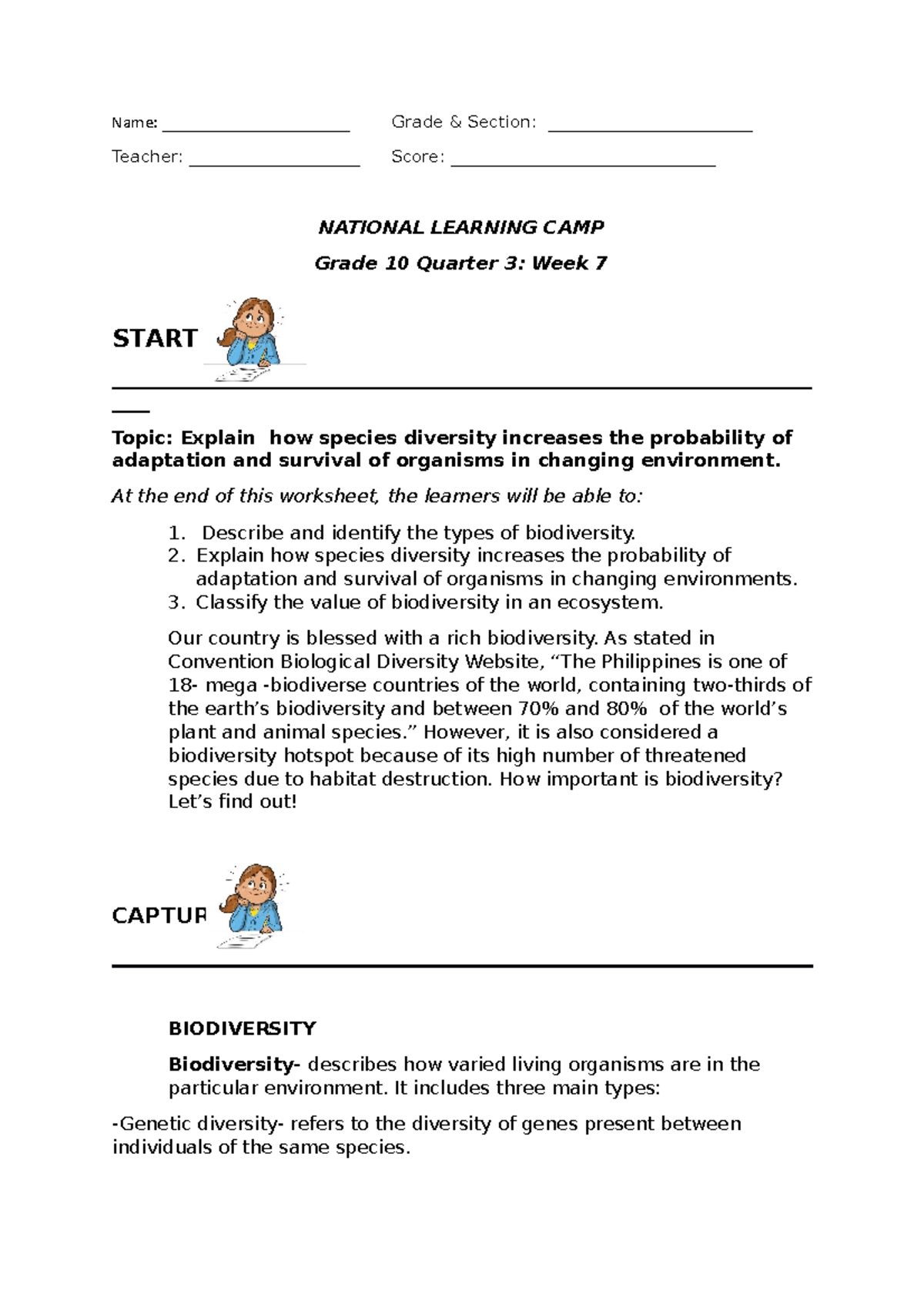 LAS Biodiversity Grade 10 - Name: ______________________ Grade ...