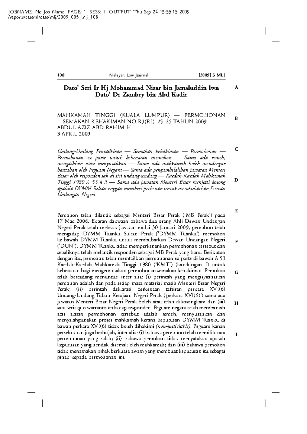 Dato' Seri Ir Hj Mohammad Nizar bin Jamaluddin lwn Dato' Dr Zambry bin ...