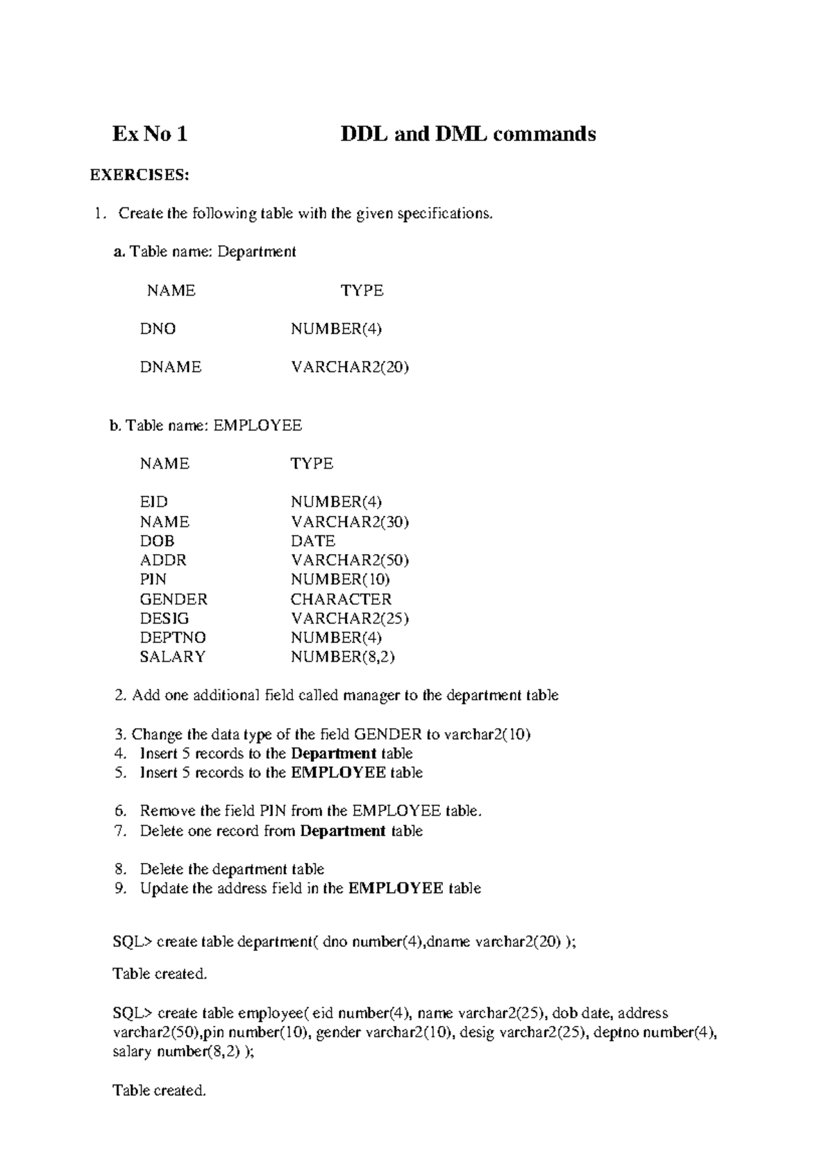 Dbms Record 1 3 Record Practical Ex No 1 Ddl And Dml Commands Exercises Create The
