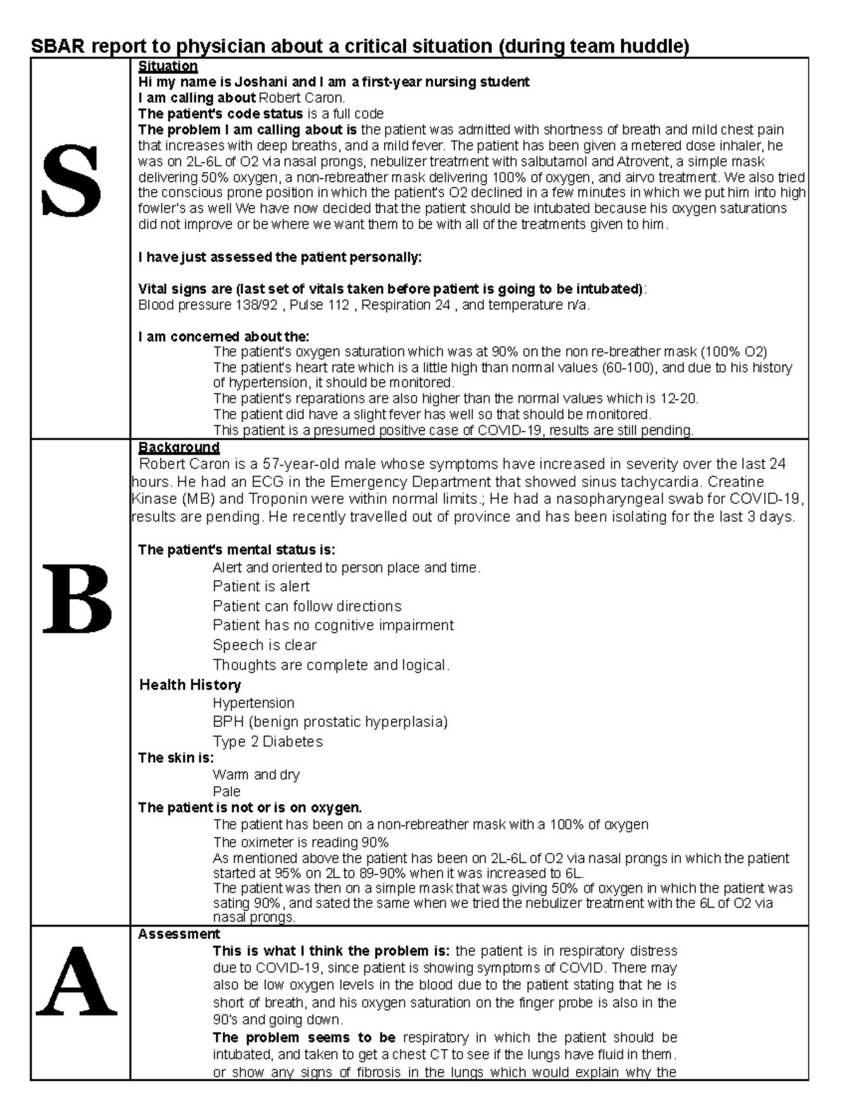 SBAR Worksheet Kaiser Permanente-3 - SBAR report to physician about a ...