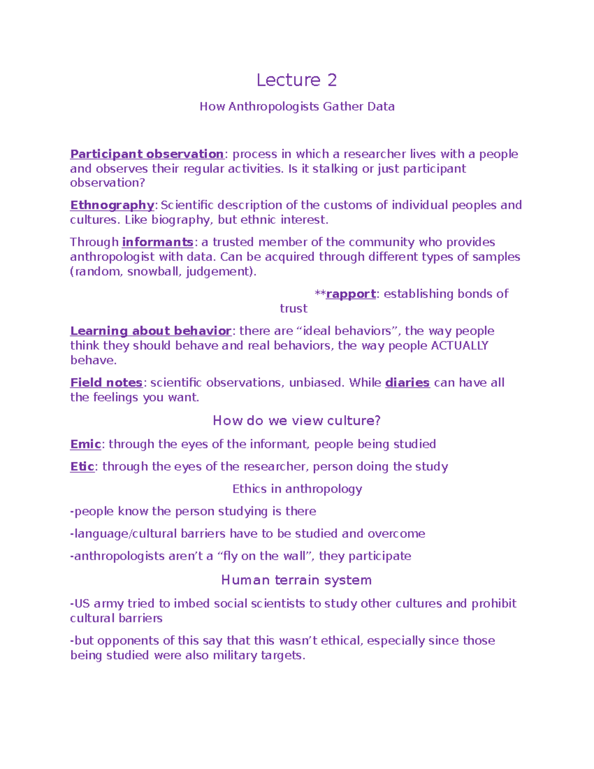 Anthropology 205 Lecture 2 Notes - Lecture 2 How Anthropologists Gather ...