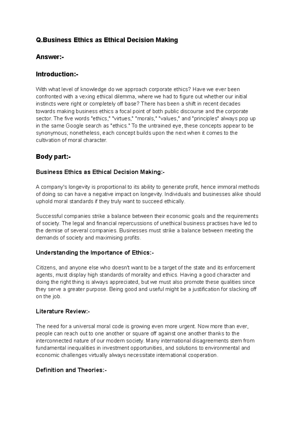 Business ethics as Ethical Decision making - Q Ethics as Ethical ...