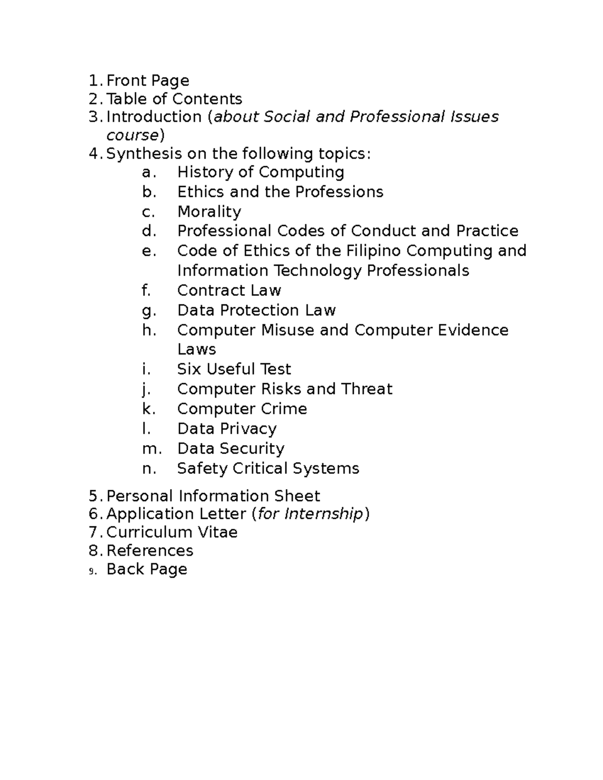 IT413 Performance Innovative Task - Front Page Table of Contents ...