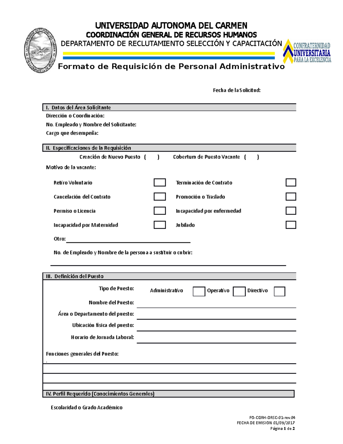 Formato DE Requisicion DE Personal Administrativo - COORDINACIÓN ...