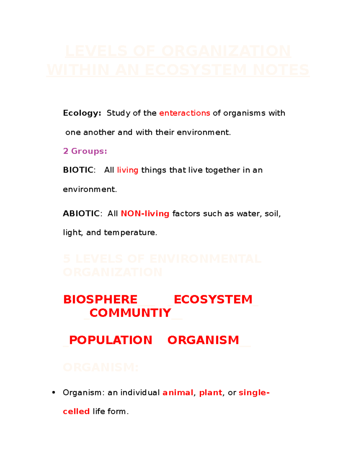 Study of Ecology Notes - LEVELS OF ORGANIZATION WITHIN AN ECOSYSTEM ...