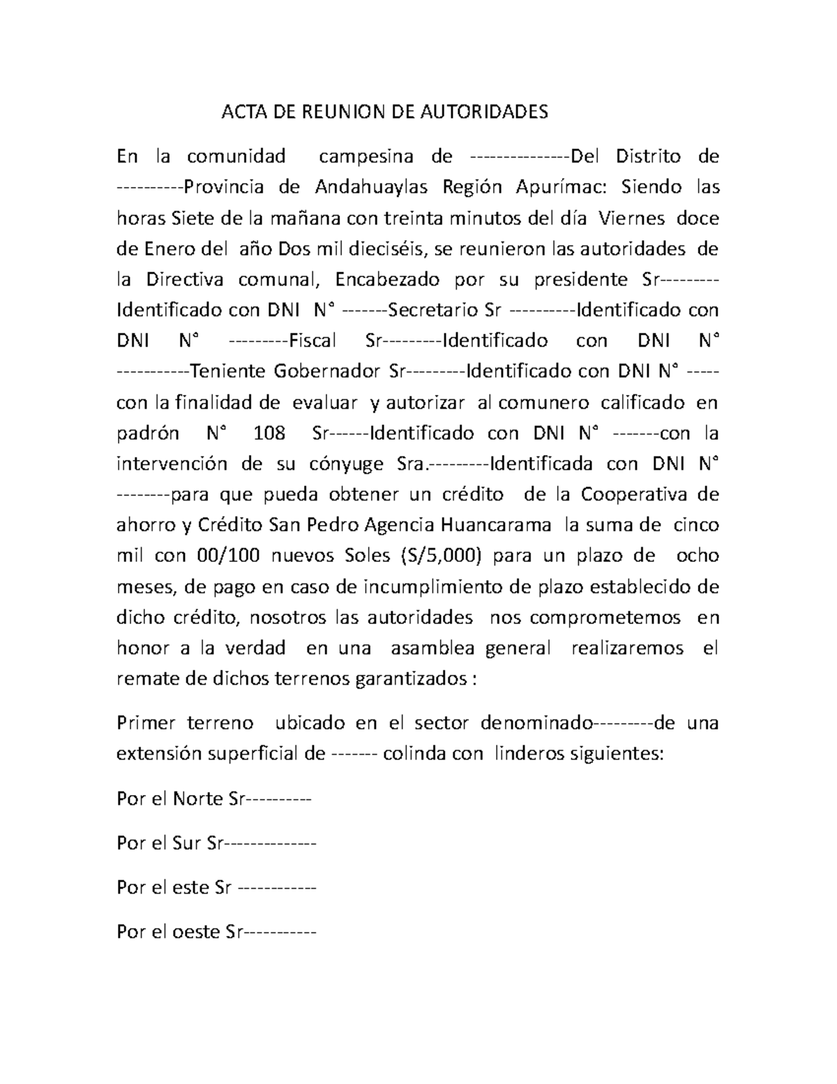 A Modelo ACTA Comunidades 2016 - ACTA DE REUNION DE AUTORIDADES En la ...