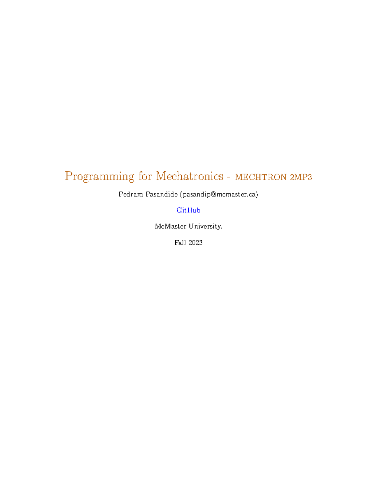 Mechtron 2MP3 Lectures - Programming for Mechatronics - MECHTRON 2MP Pedram Pasandide - Studocu