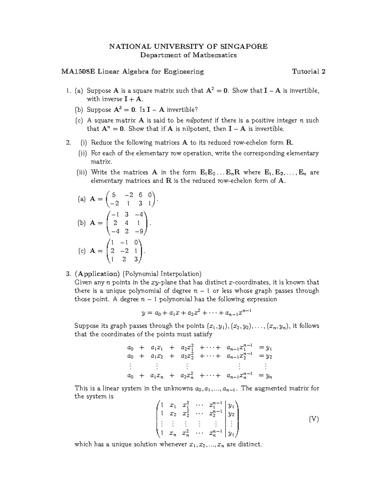 Tutorial 2 - Ans - NATIONAL UNIVERSITY OF SINGAPORE Department of Mathematics MA1508E Linear ...