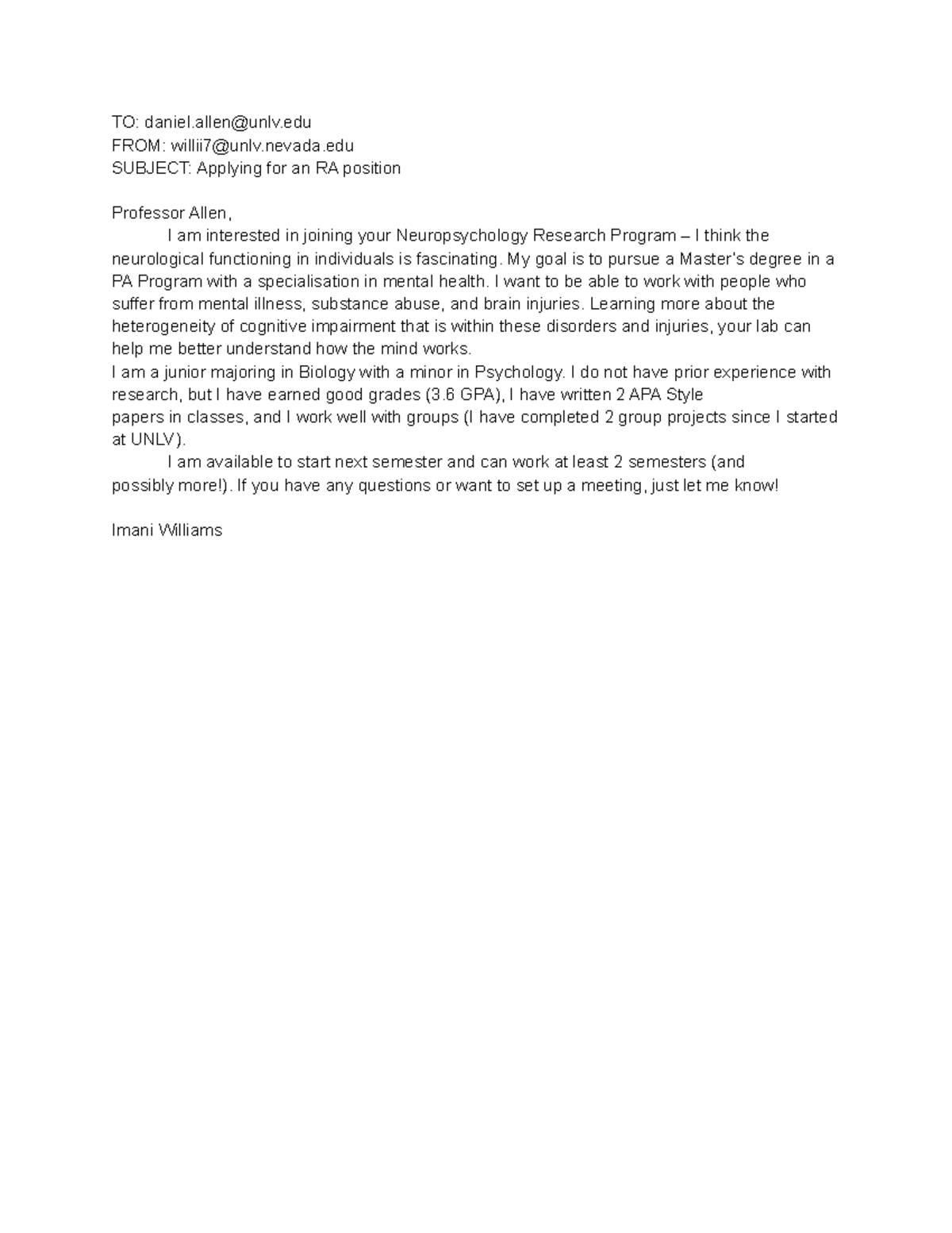 RA Activity - TO: daniel@unlv FROM: willii7@unlv.nevada SUBJECT ...