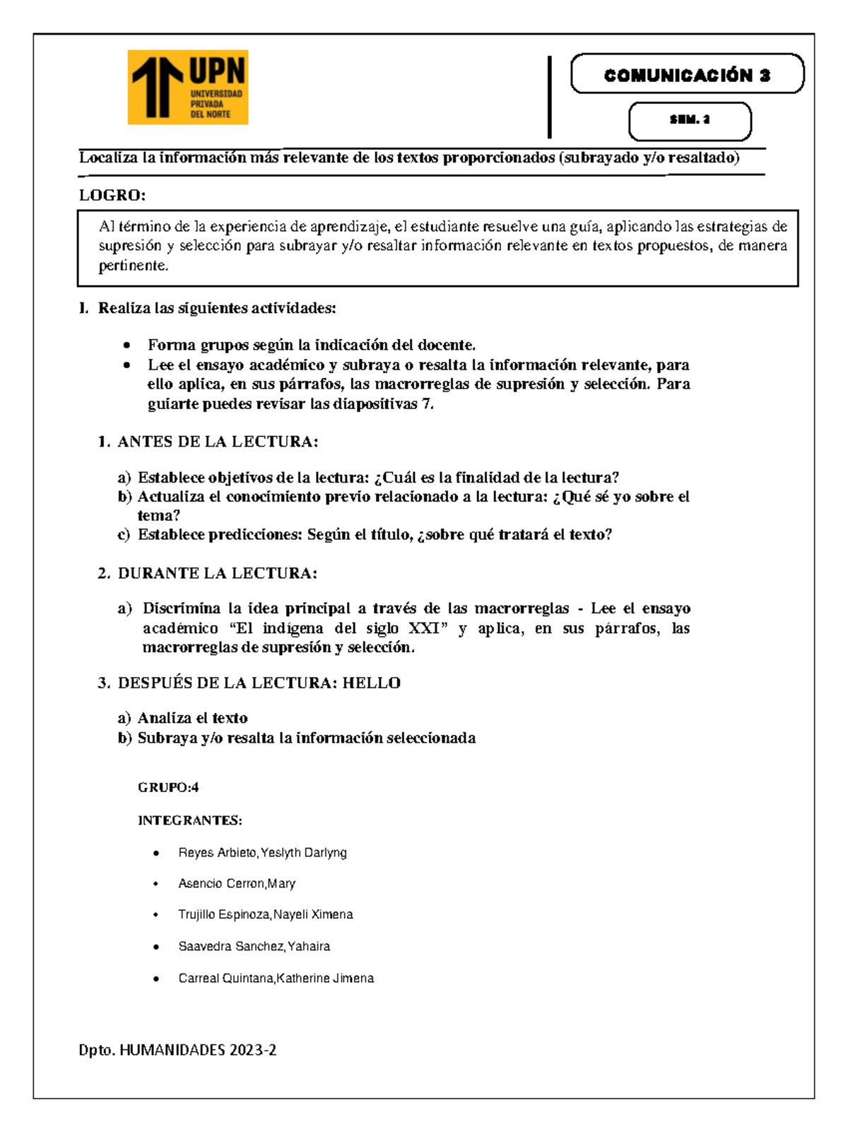 Grupo 4-Comunicacion 3-TL - Al término de la experiencia de aprendizaje, el estudiante resuelve ...