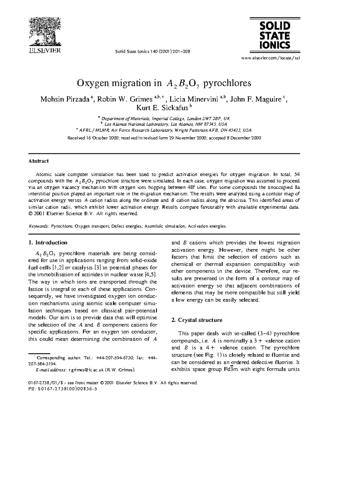 Oxygen migration in A2B2O7 pyrochlores - Solid State Ionics 140 Ž 2001 ...