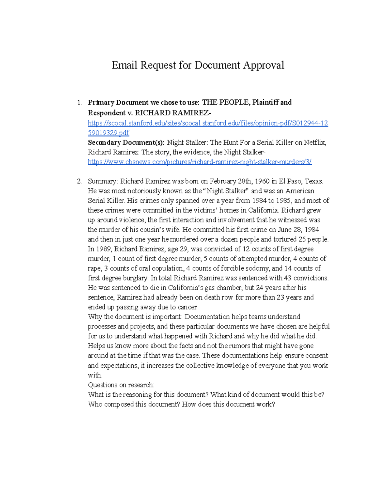 Email request for Document Approval - Primary Document we chose to use ...