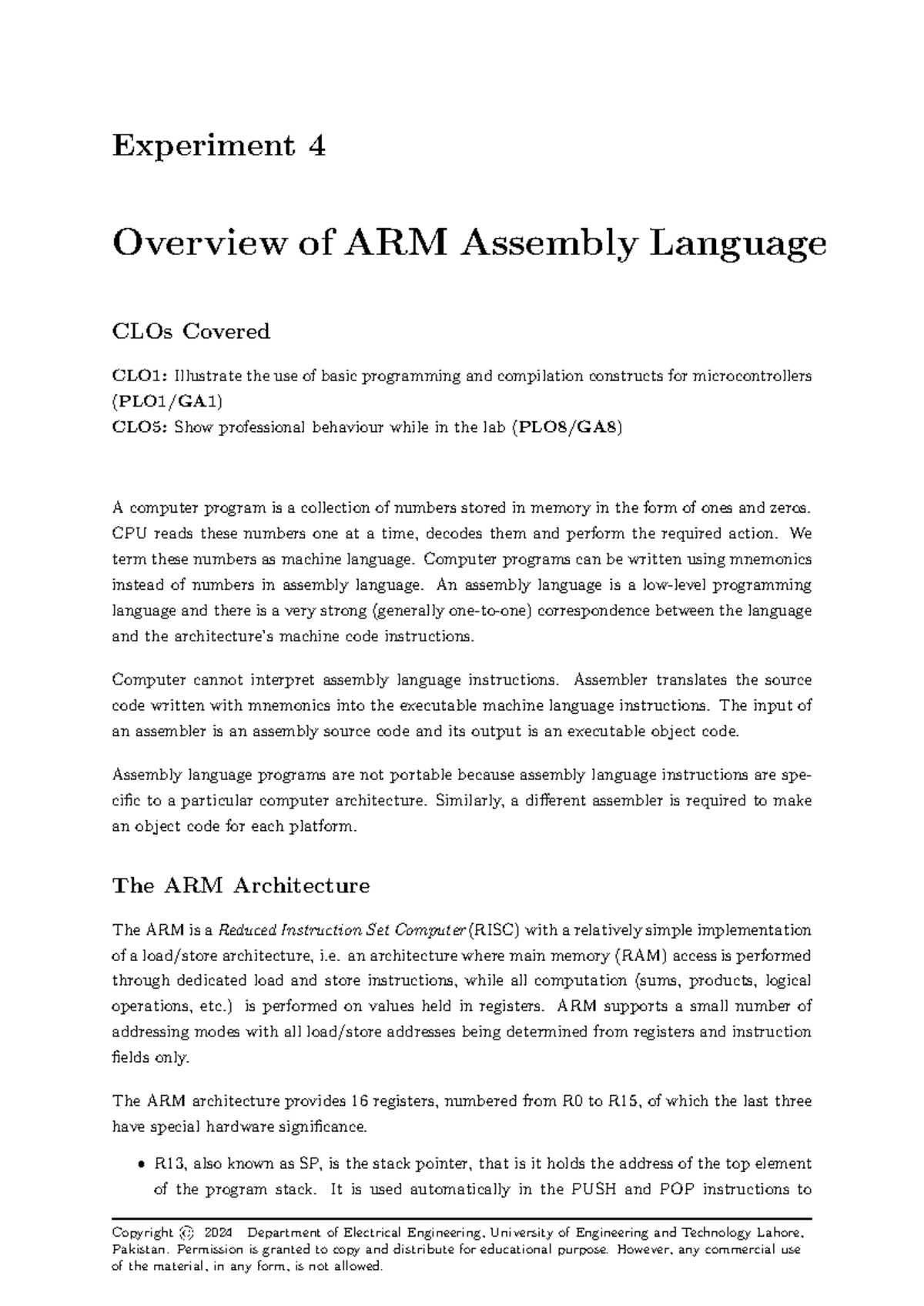 Lab4(week7) - Lab work - Experiment 4 Overview of ARM Assembly Language CLOs Covered CLO1: - Studocu