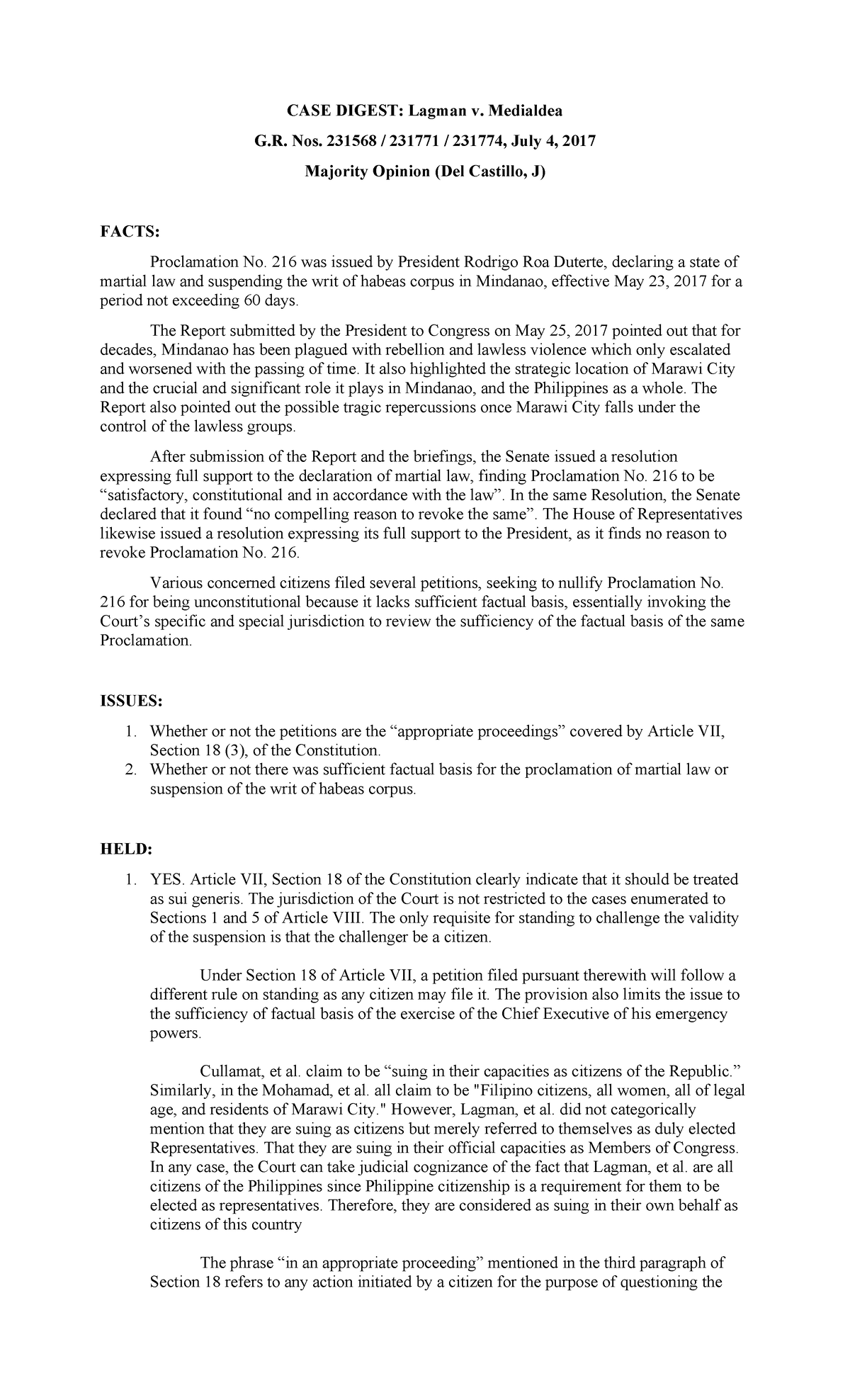 389235500 Digest Lagman v Medialdea G R No 231568 - CASE DIGEST: Lagman ...
