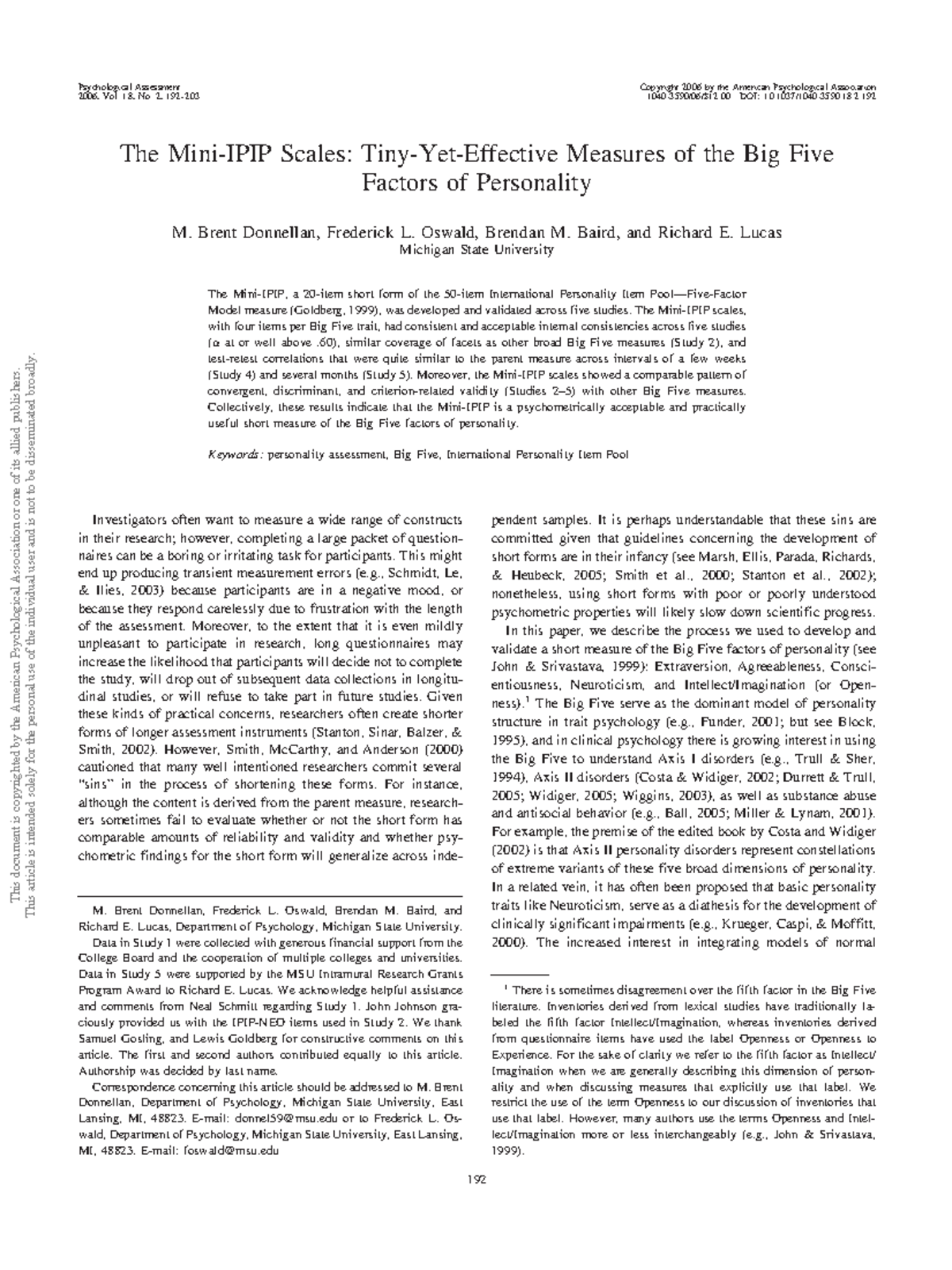 MINI-IPIP - The Mini-IPIP Scales: Tiny-Yet-Effective Measures of the ...