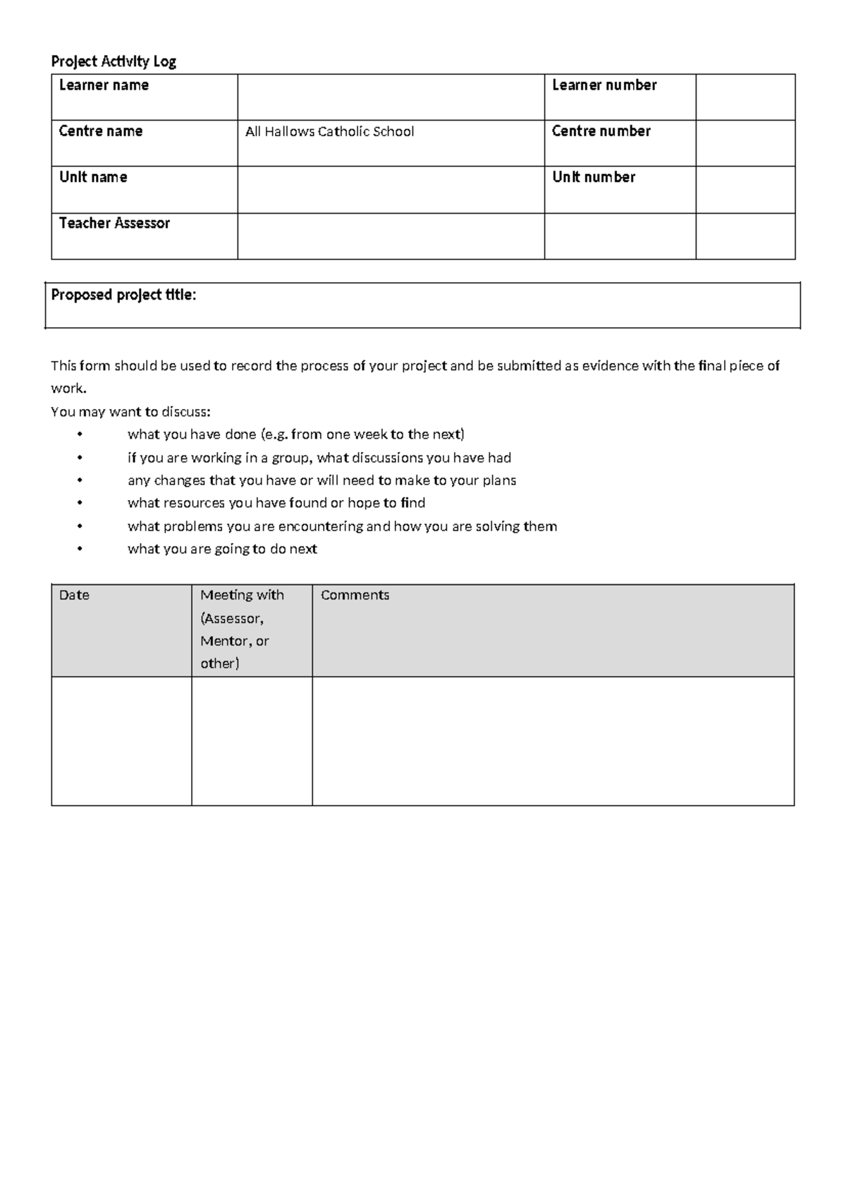 Project Activity Log template - Project Activity Log Learner name ...