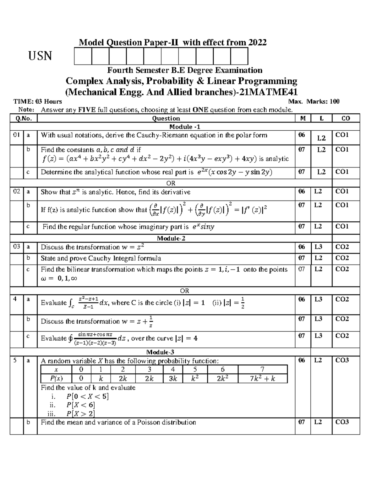 Model Question Paper 2 21 Matme 41 for Mechanical Engg - Model Question ...
