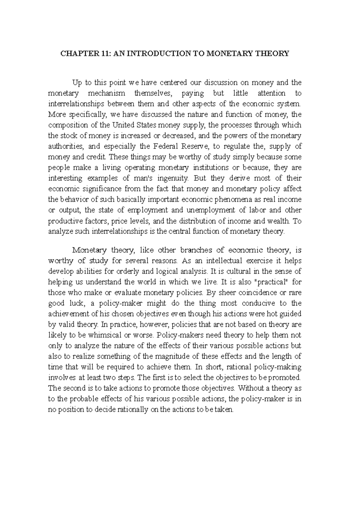 CHAPTER 11 AN INTRODUCTION TO MONETARY THEORY: The Scope, Money Stocks ...