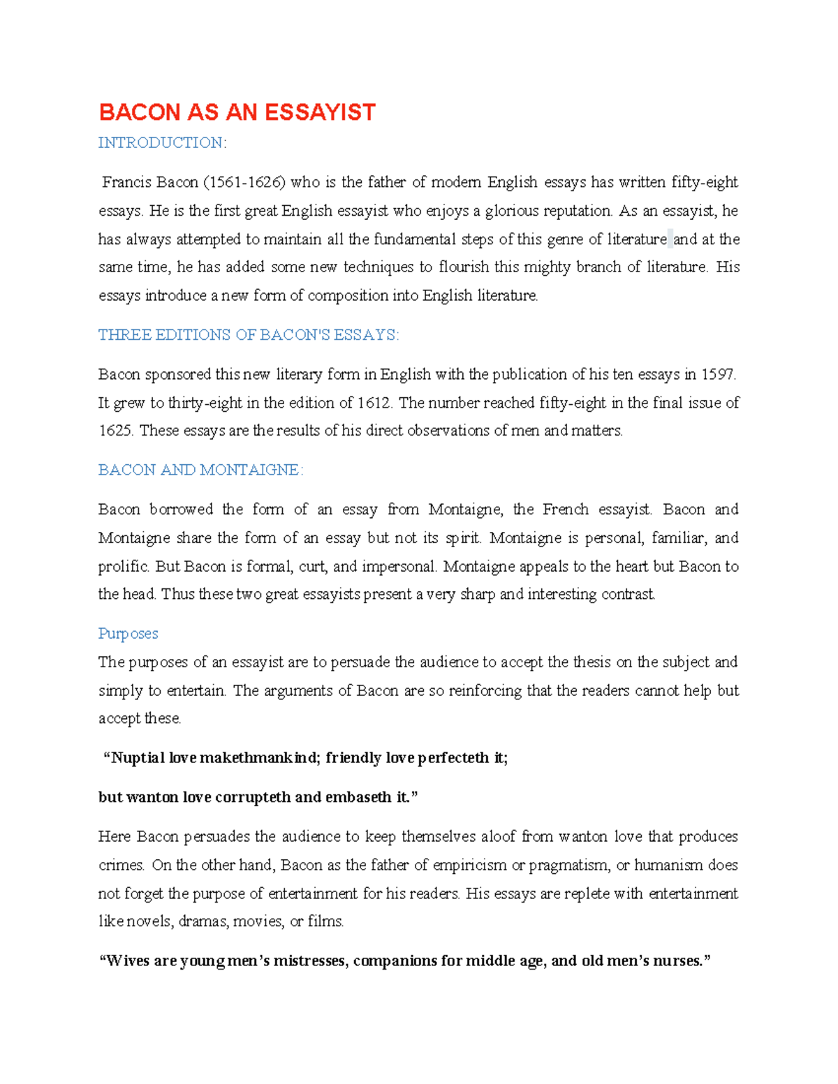 Bacon AS AN Essayist - essay writing reflects the idea a person holds ...