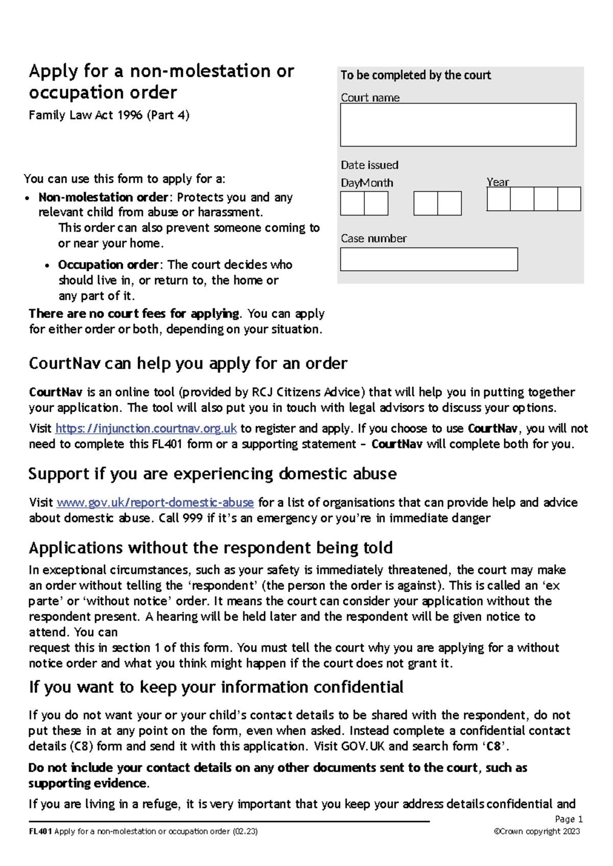 Form FL401 - Page 1 FL401 Apply for a non-molestation or occupation ...