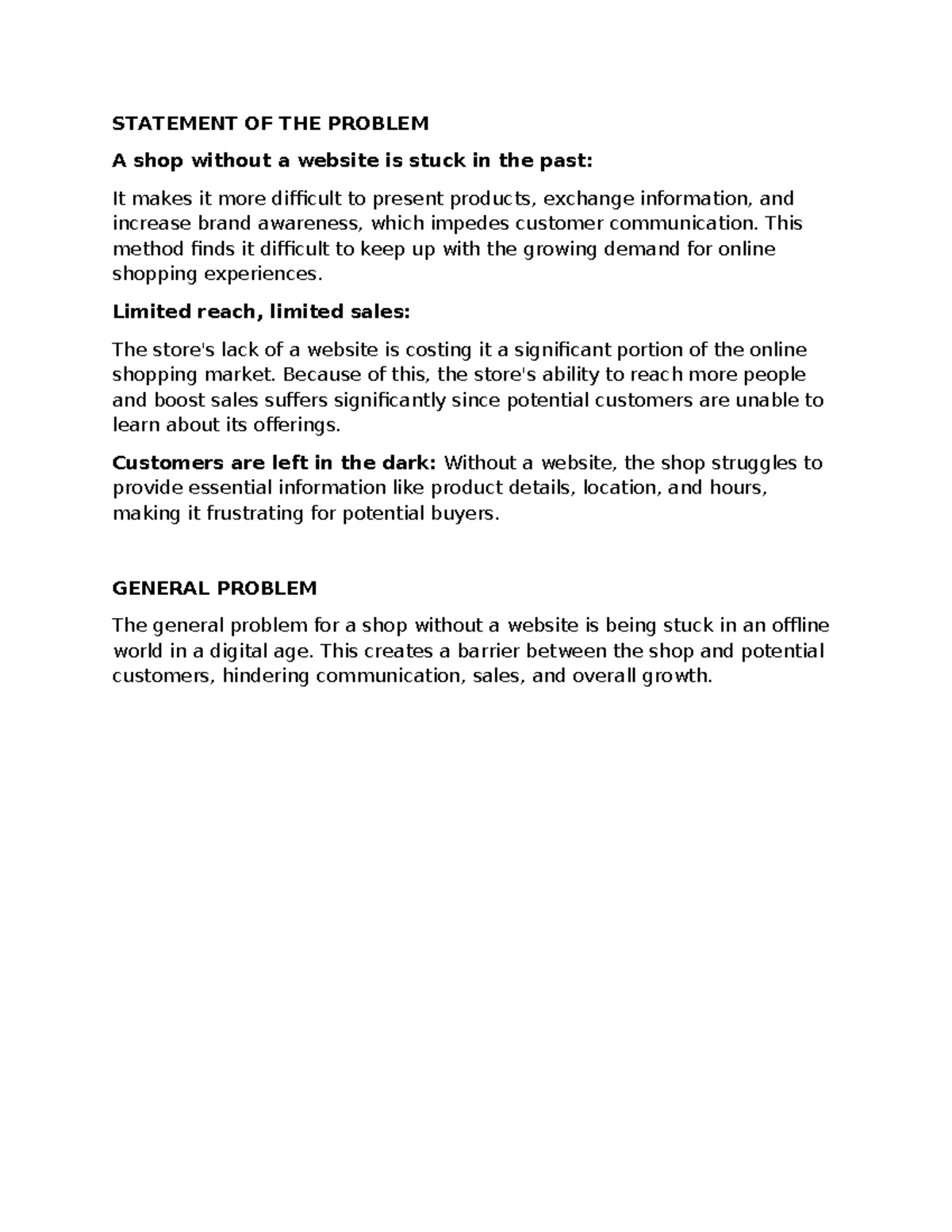 Title 3 SOP - sti - STATEMENT OF THE PROBLEM A shop without a website ...