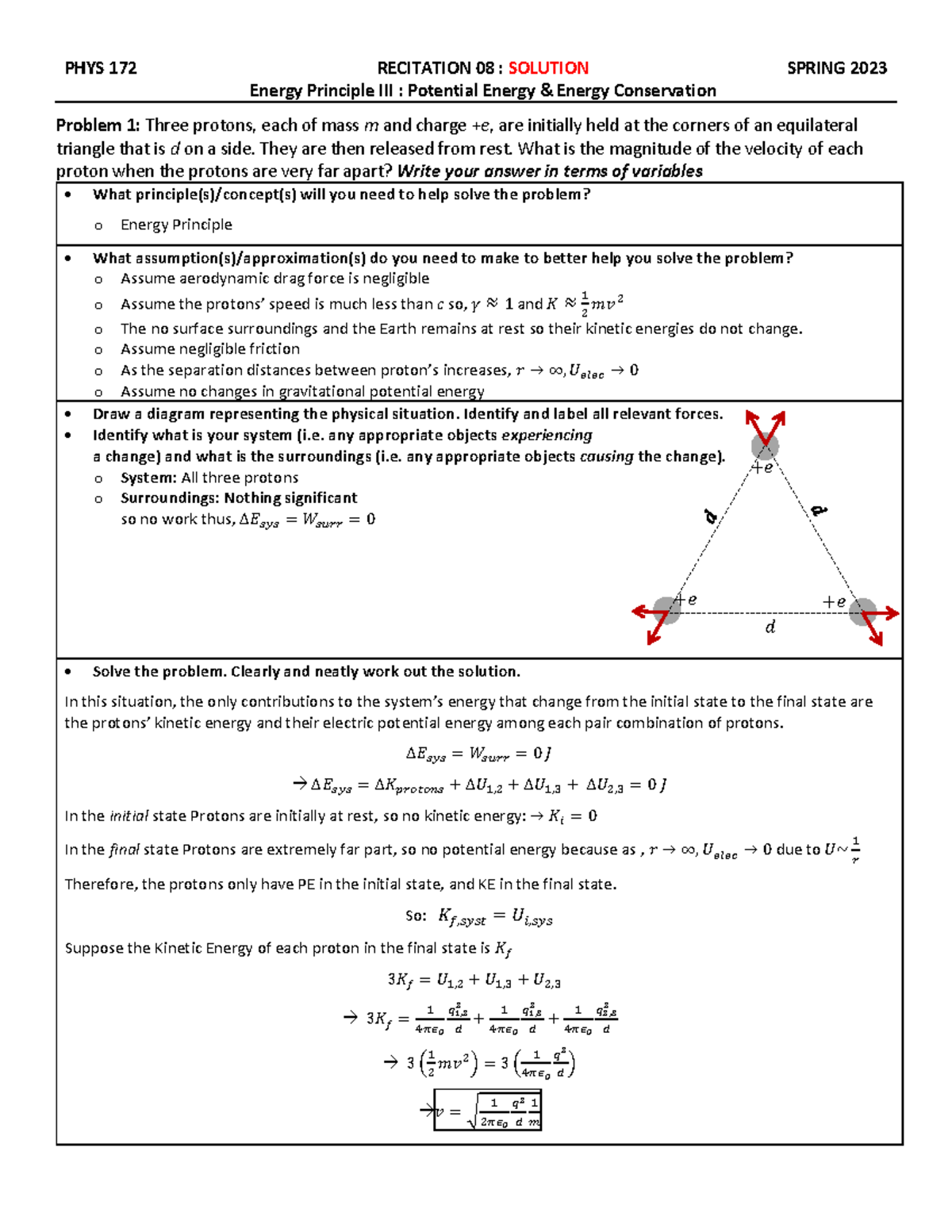 Phys172 rec08 solution - PHYS 172 RECITATION 08 : SOLUTION Energy Principle III : Potential ...