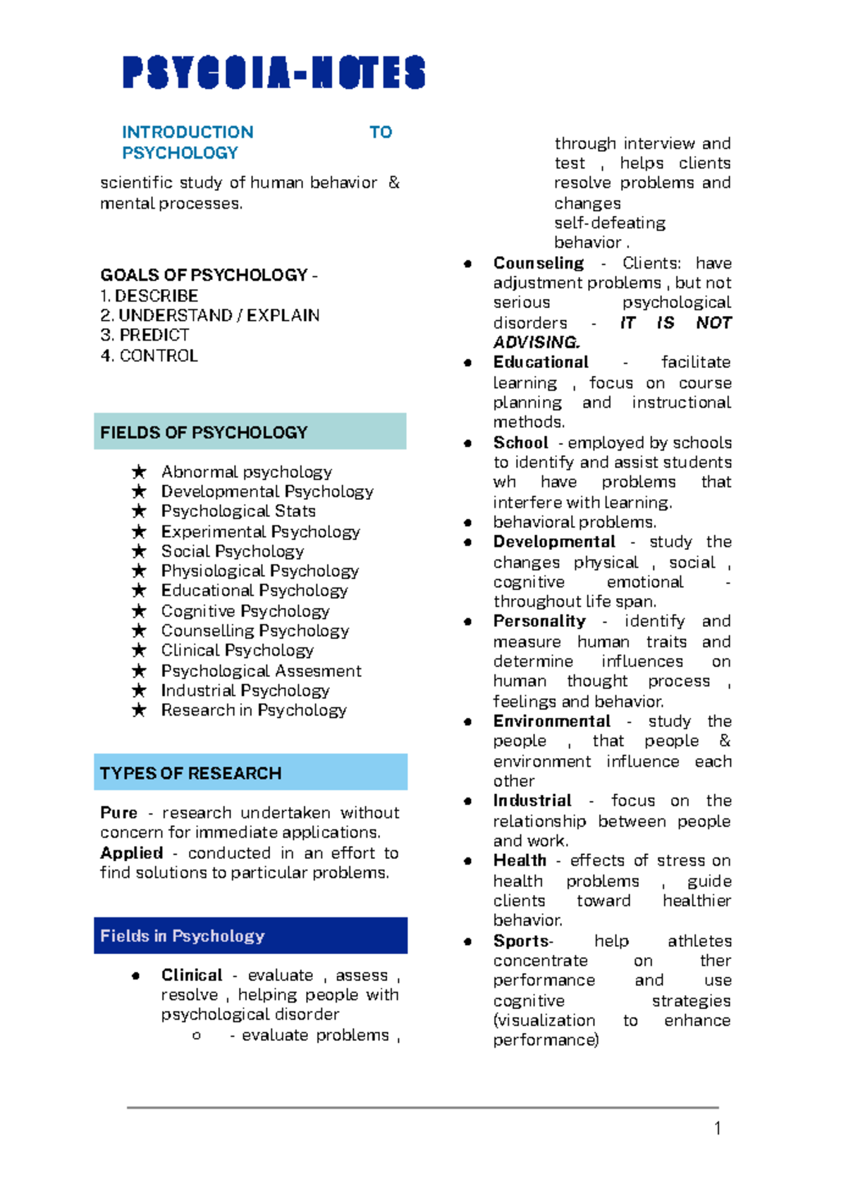 Intro TO Psych - INTRODUCTION TO PSYCHOLOGY scientific study of human ...
