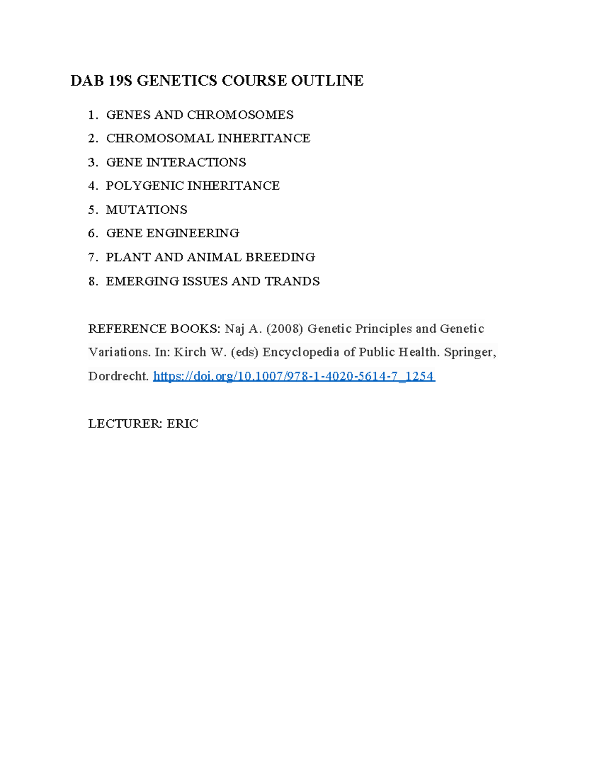 course outline genetics module 2 for applied biology diploma course ...