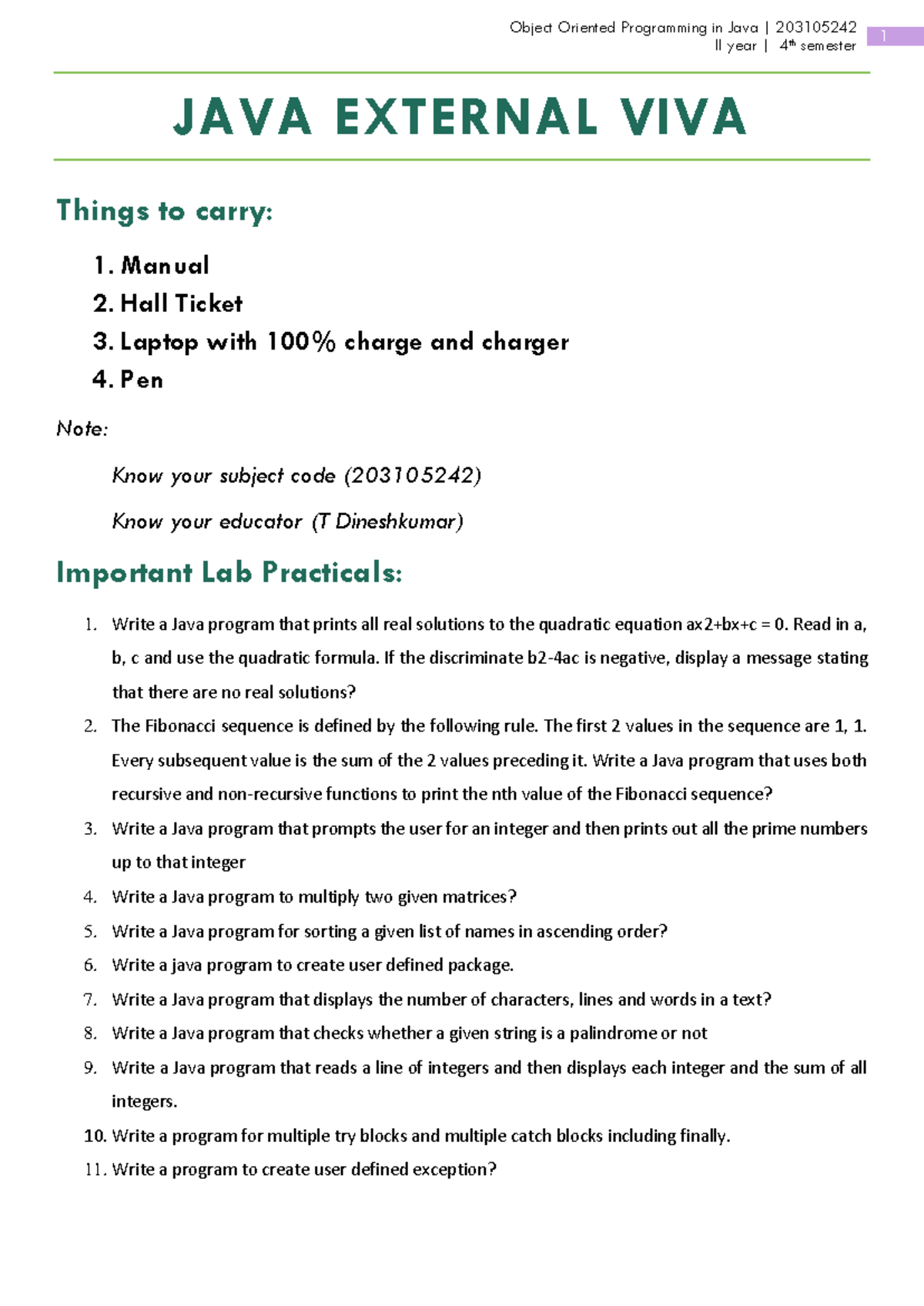 Java External Viva - 10th practical - Object Oriented Programming in Java | 203105242II year ...