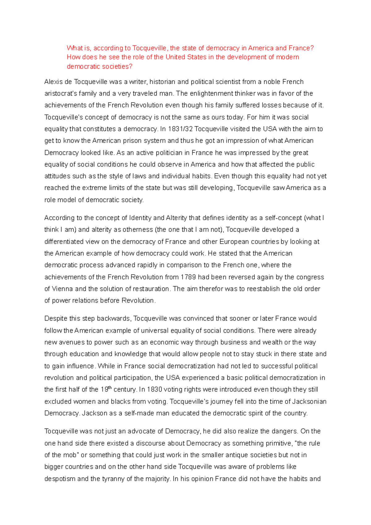 Essay Tocqueville - Note: B - What is, according to Tocqueville, the ...