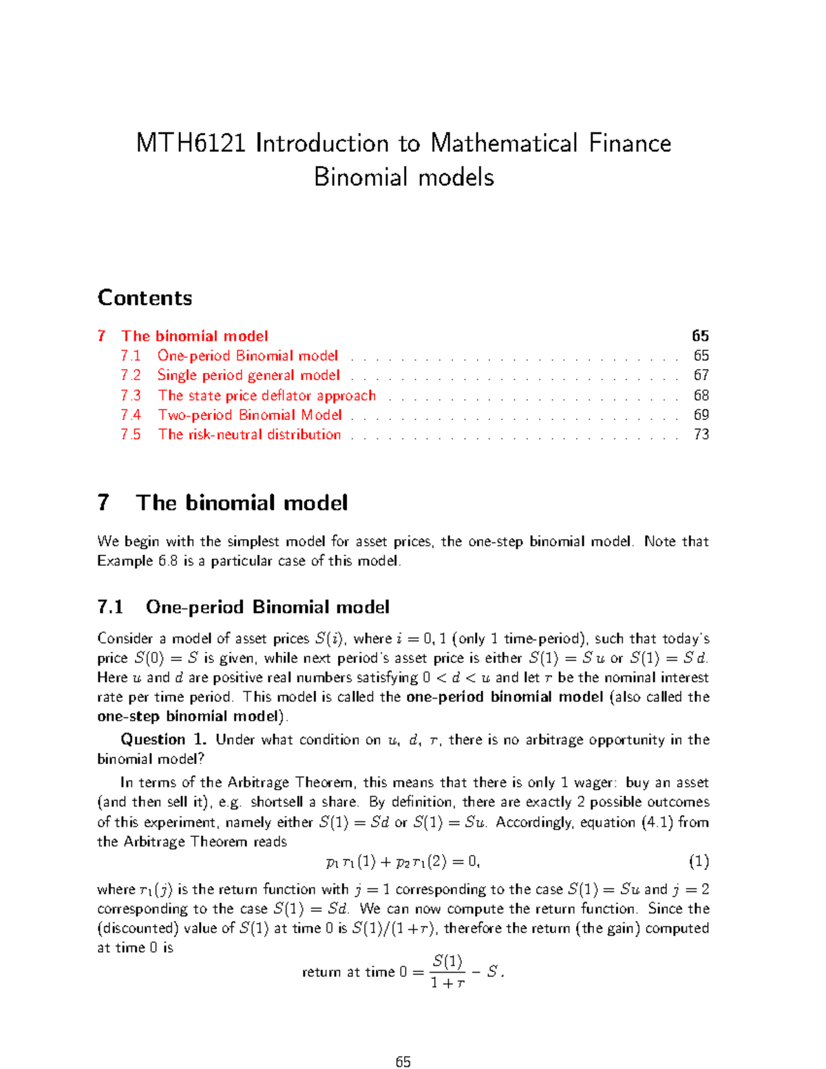 The binomial model - MTH6121 Introduction to Mathematical Finance ...