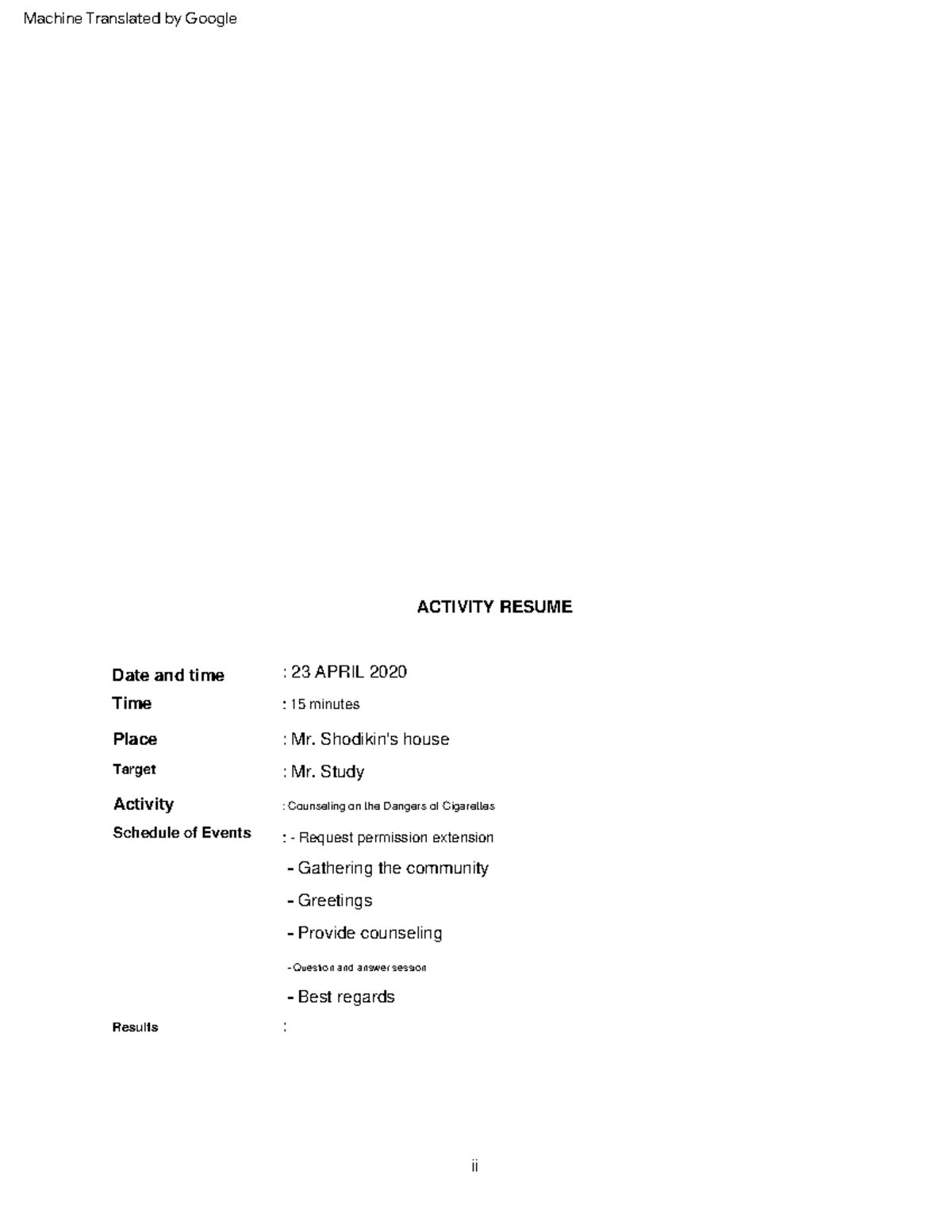 Medical Surgical-30 - Time Activity : Counseling on the Dangers of ...