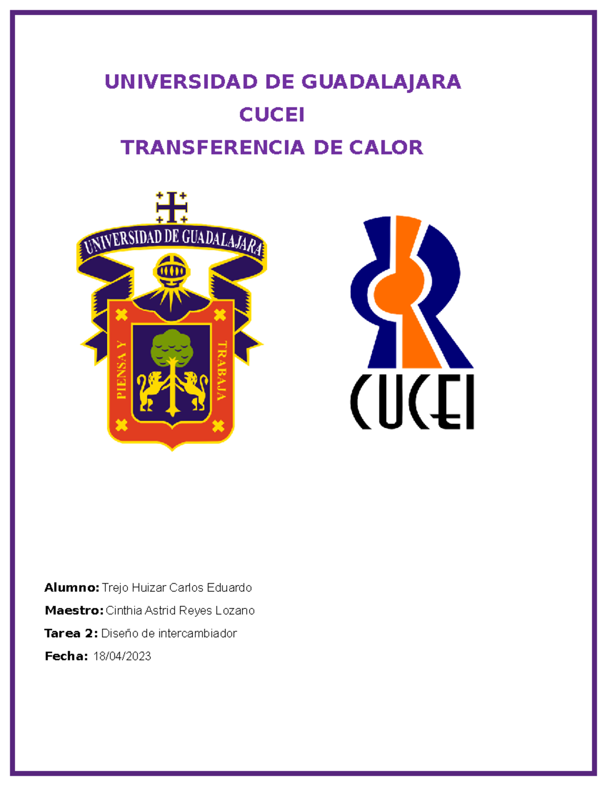 Tarea 2 - Diseño de Intercambiador de calor - CETH - UNIVERSIDAD DE ...
