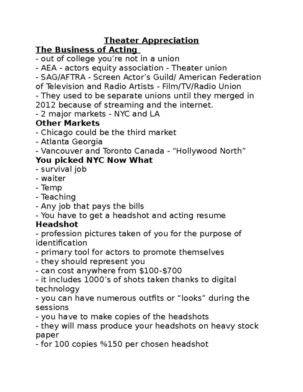 The Business of Acting Lecture - Theater Appreciation The Business of ...