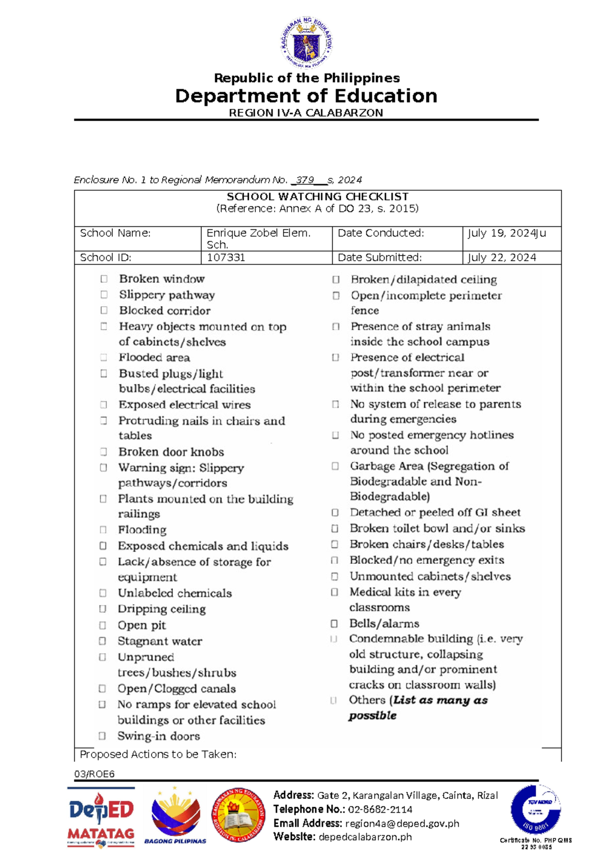School-watching-checklist - Certificate No. PHP QMS 22 93 0085 Address ...