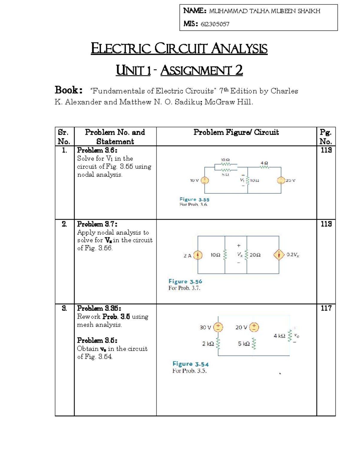 ECA Assignment 1b - ELECTRIC CIRCUIT ANALYSIS Unit 1 - Assignment 2 Book “Fundamentals of ...