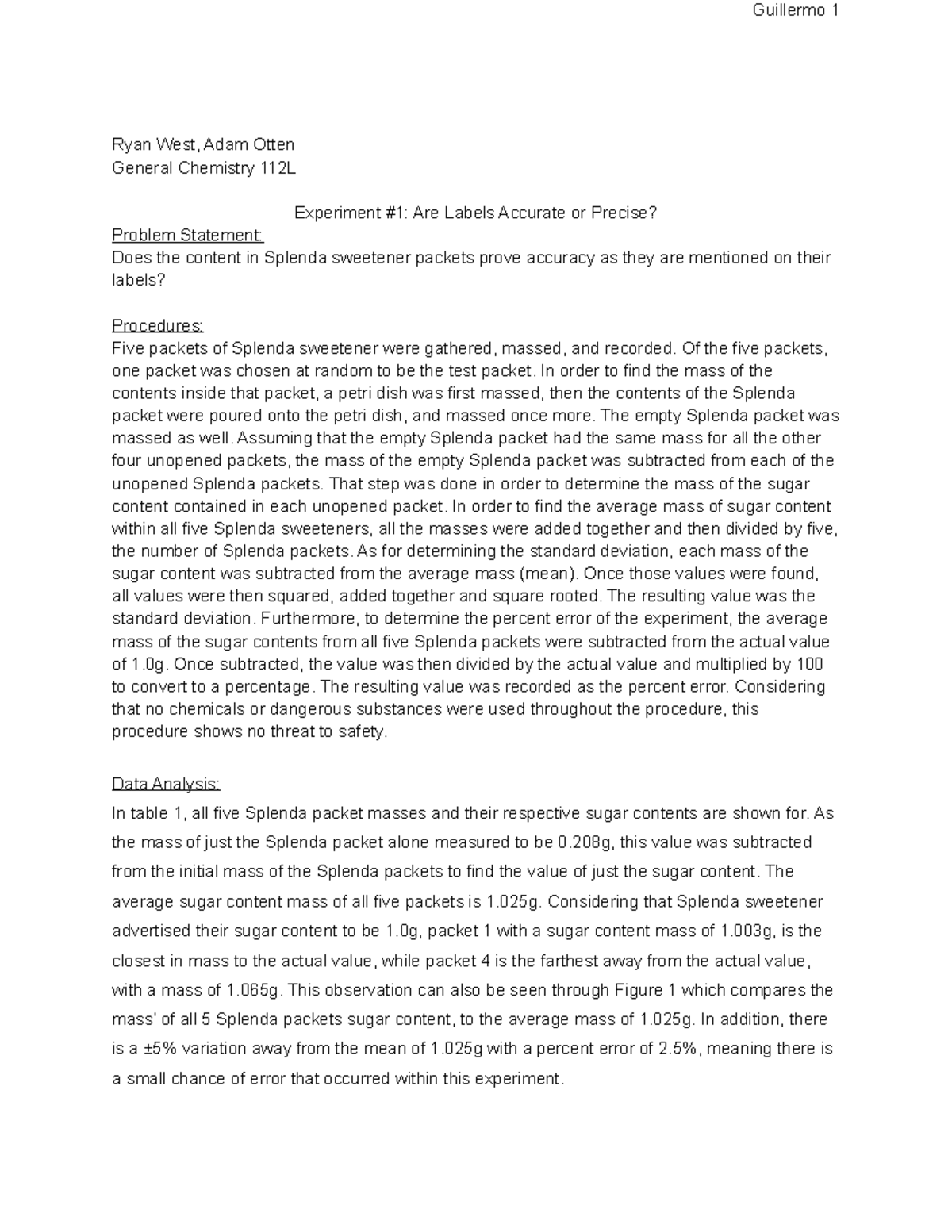 LAB Report Experiment #1 (Chem 112 Lab) - Guillermo 1 Ryan West, Adam ...