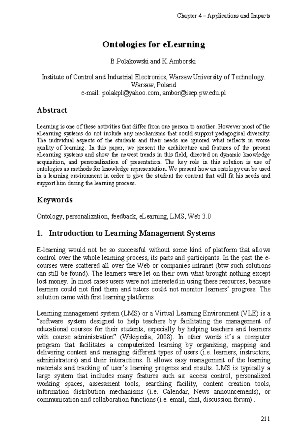Ontologies for e Learning - Chapter 4 – Applications and Impacts Ontologies for eLearning B and ...