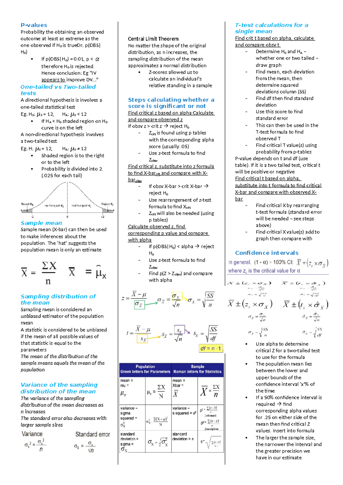 Formula Sheet Quiz 2 - P-values Probability the obtaining an observed ...
