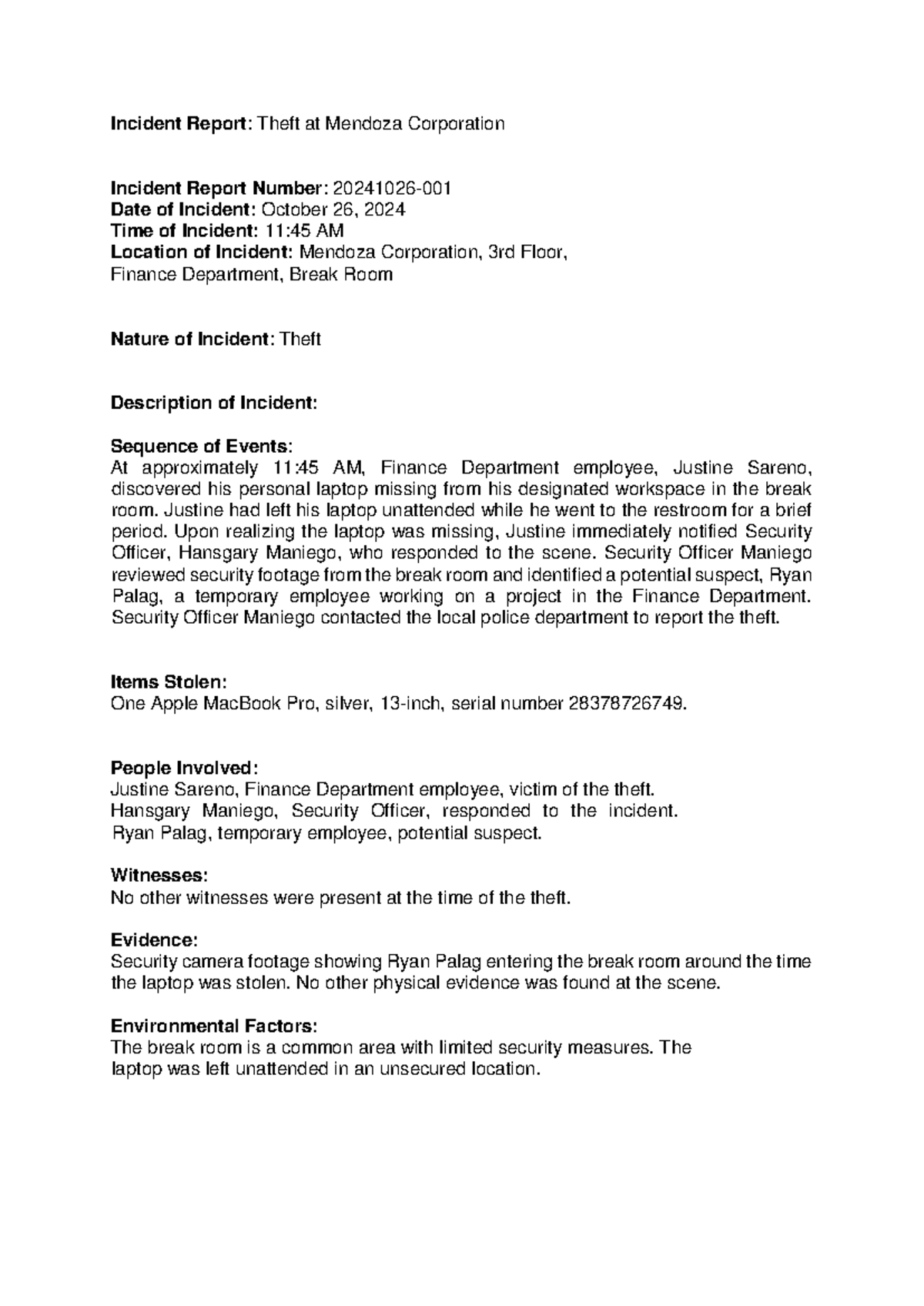 Inbound 3018223633207122989 - Incident Report: Theft at Mendoza ...