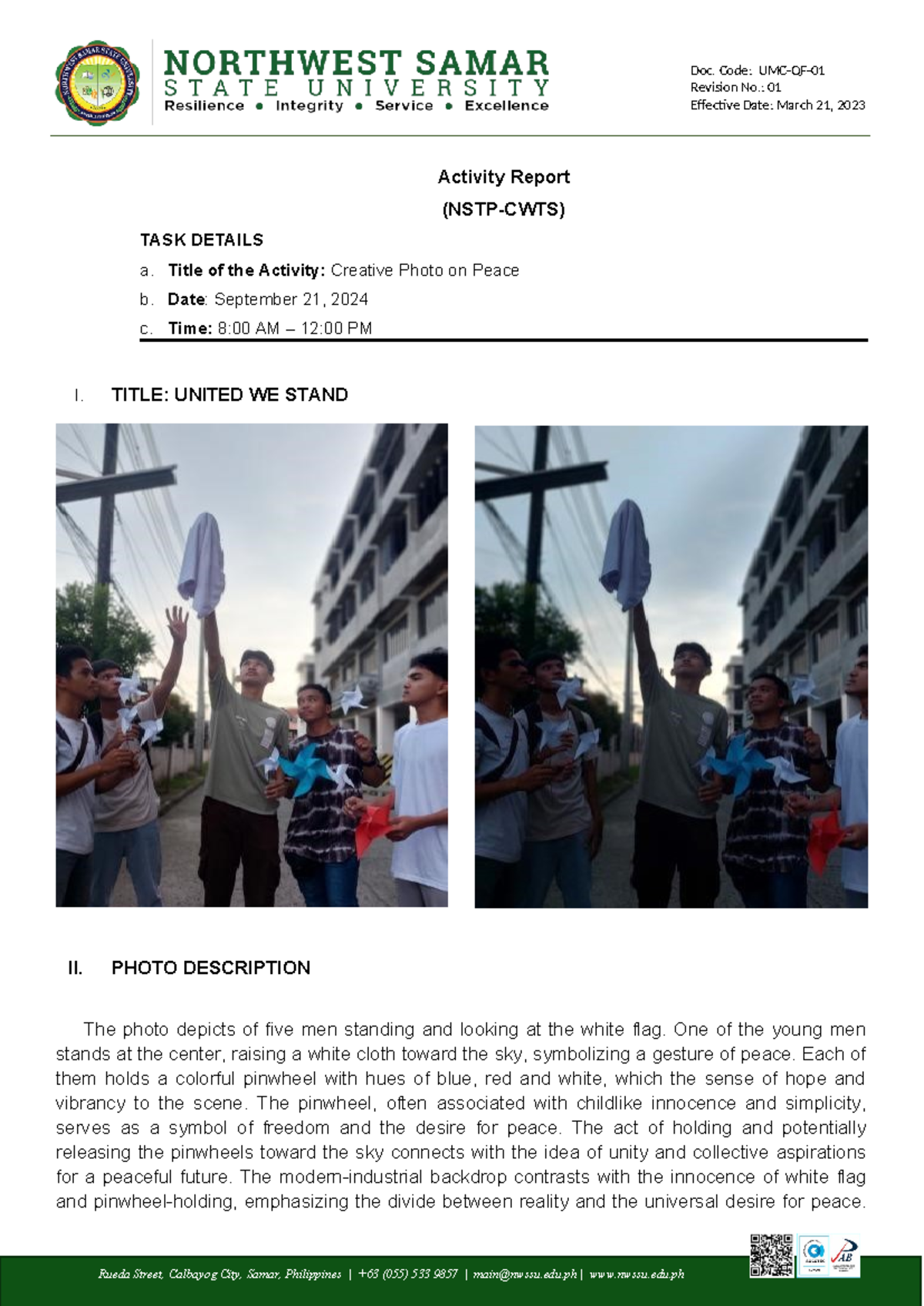 CWTS C Activity Report Format 2 - Doc. Code: UMC-QF- Revision No.: 01 ...