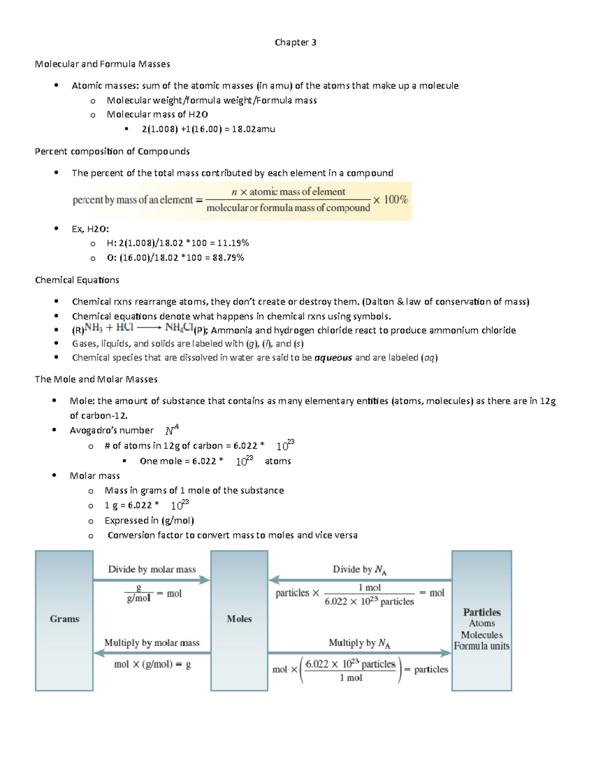 Chapter 3 notes - Chapter 3 Molecular and Formula Masses Atomic masses ...