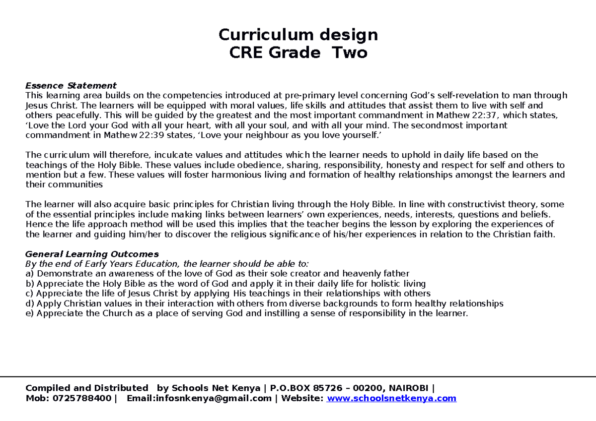 Cre grade two curriculum design - Curriculum design CRE Grade Two ...