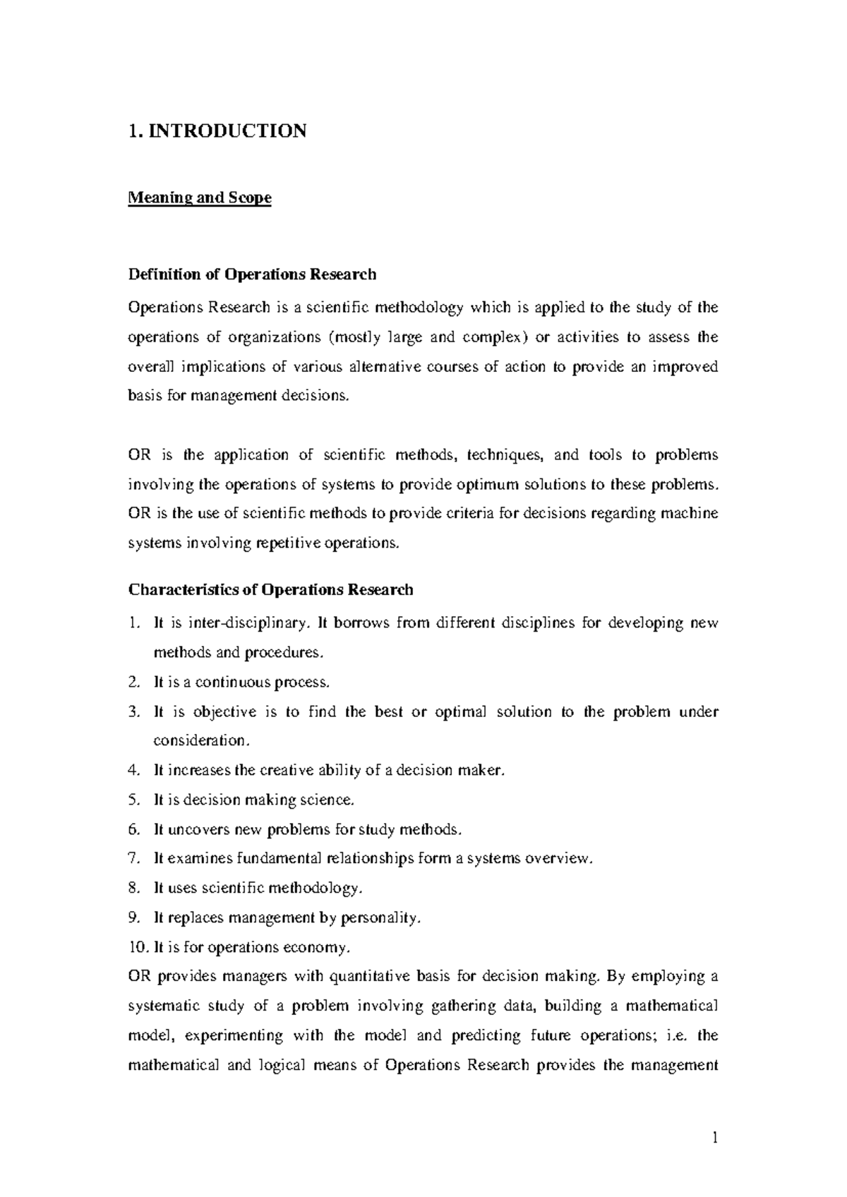 Operations Research Notes - 1. INTRODUCTION Meaning and Scope ...