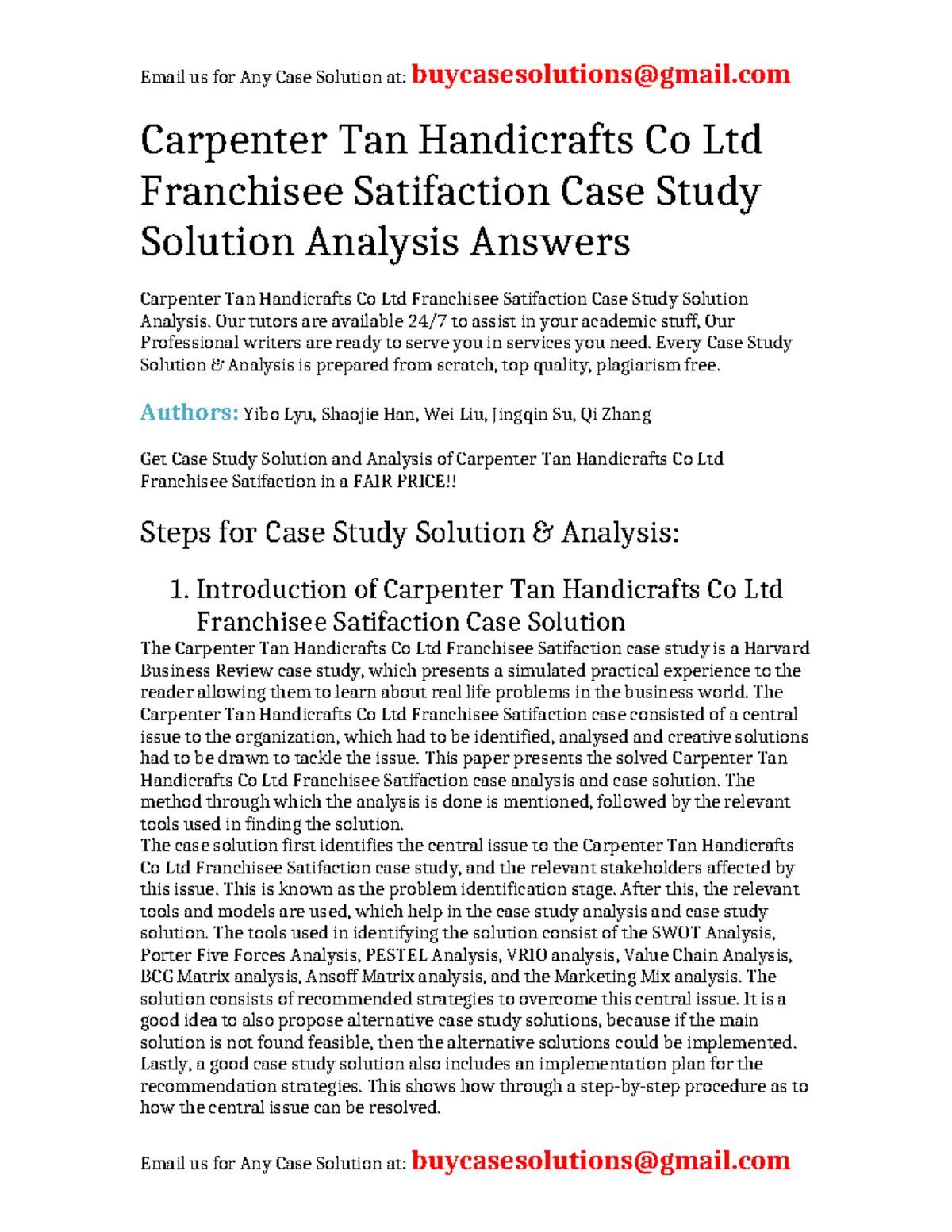 Case Solution Carpenter Tan Handicrafts Co Ltd Franchisee Satifaction ...