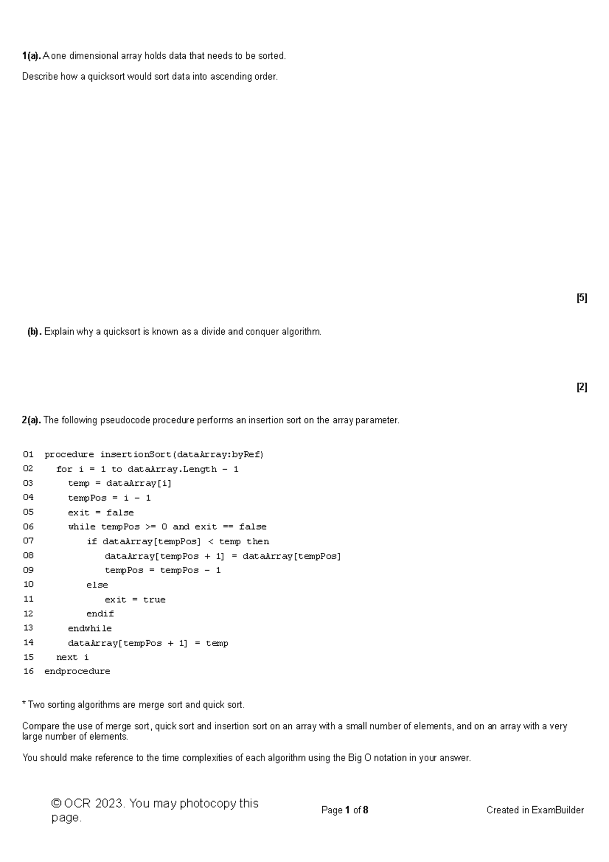Quick sort exam questions - 1(a). A one dimensional array holds data ...
