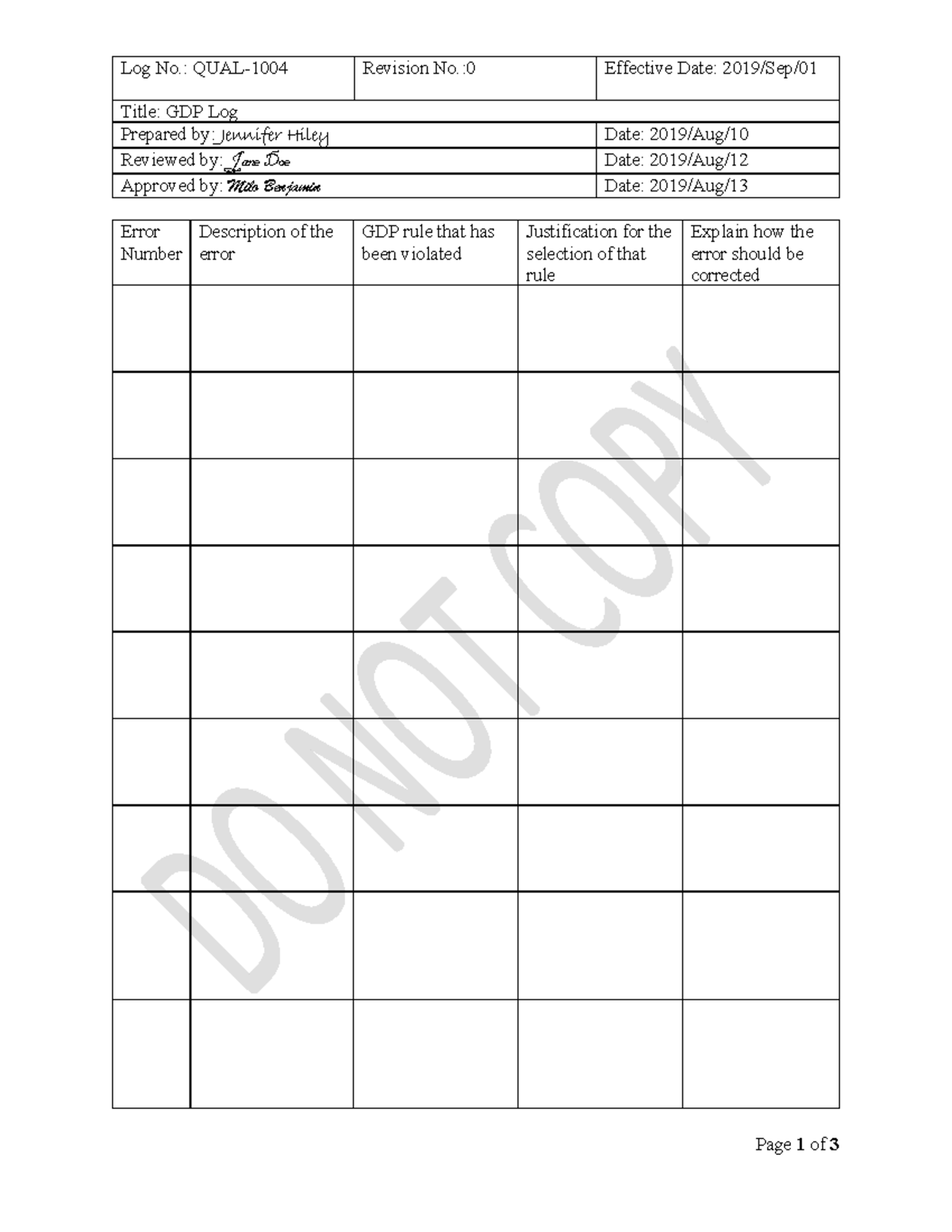 GDP Errors Log Sheet Template Fall 2022 - Log No.: QUAL- 1004 Revision ...
